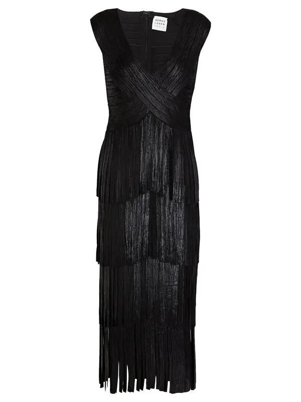 Herve Leger Fringed Bandage Midi Dress - Black