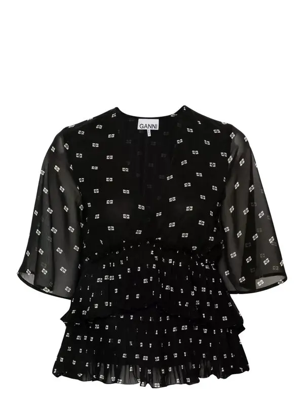 GANNI Graphic-print V-neck Blouse - Black