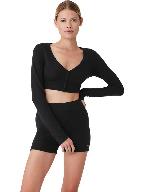 Alo Yoga Lux Cropped Me Time Cardigan Top - Black