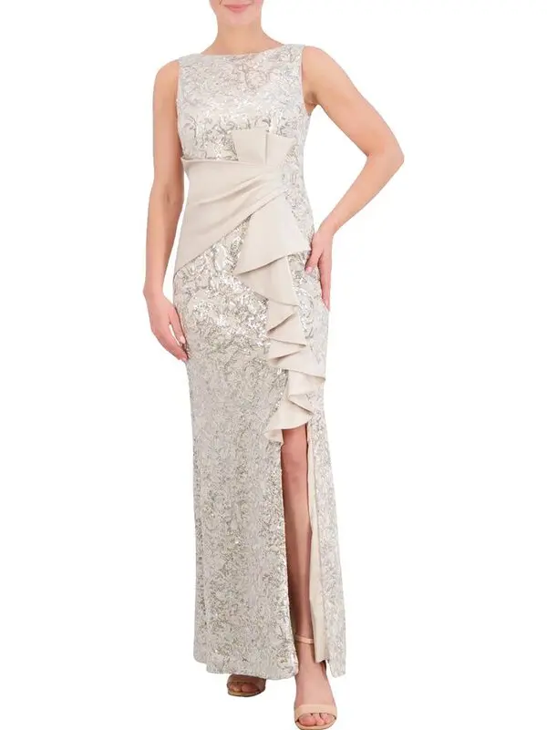 Eliza J Sequin Ruffle Sleeveless Lace Trumpet Gown - Champagne