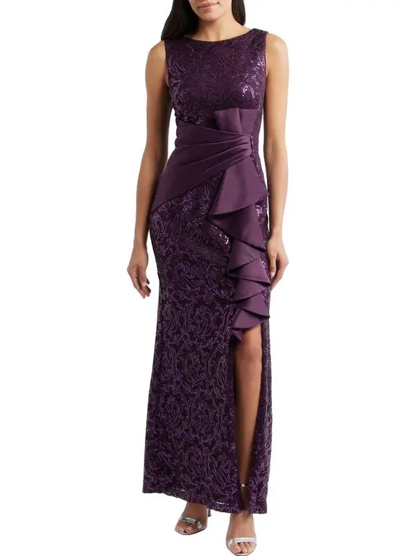 Eliza J Sequin Ruffle Sleeveless Lace Trumpet Gown - Plum