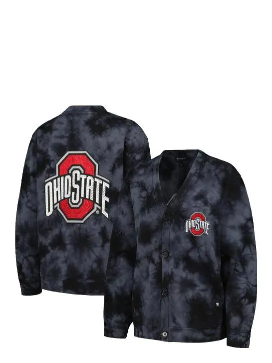 THE WILD COLLECTIVE Ohio State Buckeyes Jeweled Tie-dye Button-up V-neck Sweater - Black