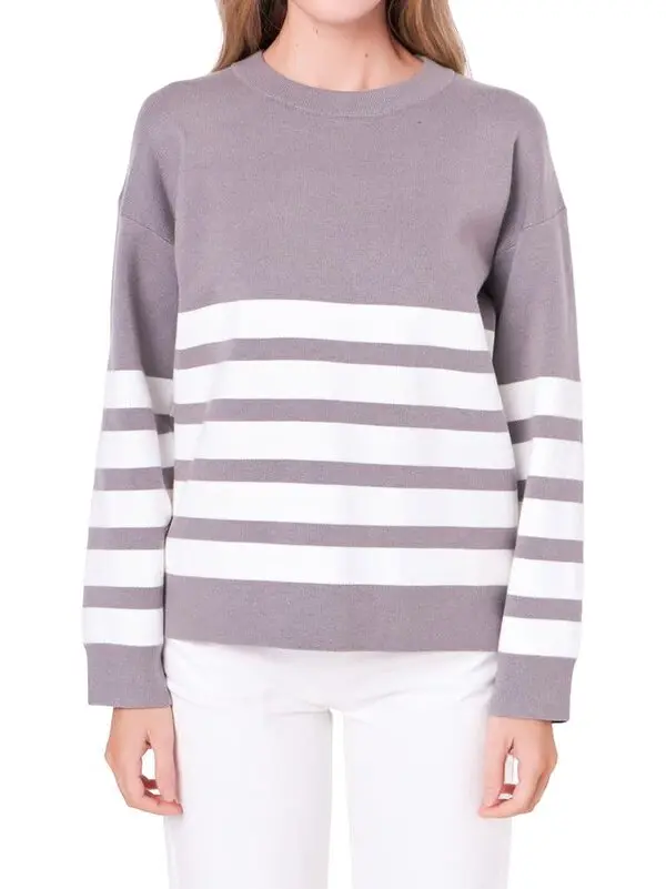 English Factory Stripe Crewneck Sweater - Heather Grey/white