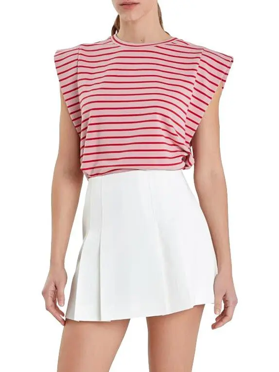 English Factory Stripe Extended Shoulder T-shirt - Pink/ Red