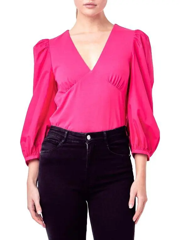 English Factory Balloon Sleeve Mixed Media Top - Magenta