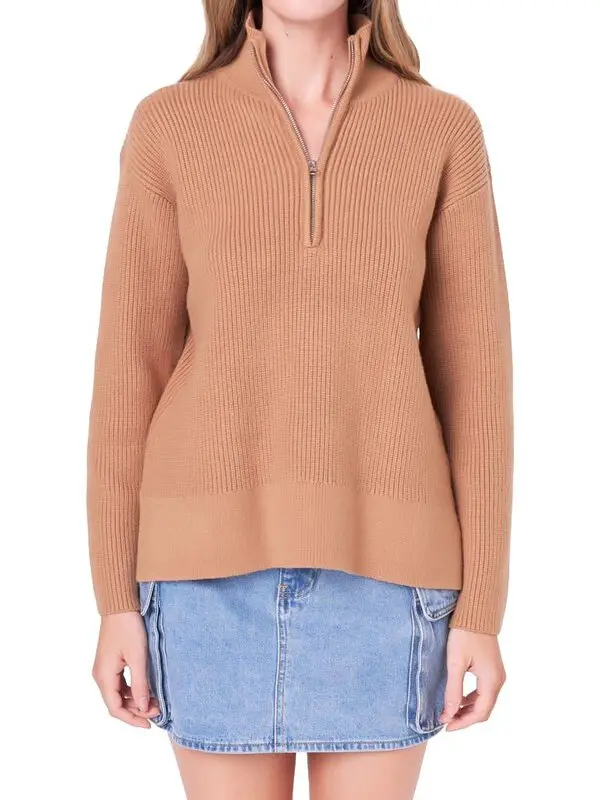 English Factory Half Zip Ribbed Pullover Sweater - Camel