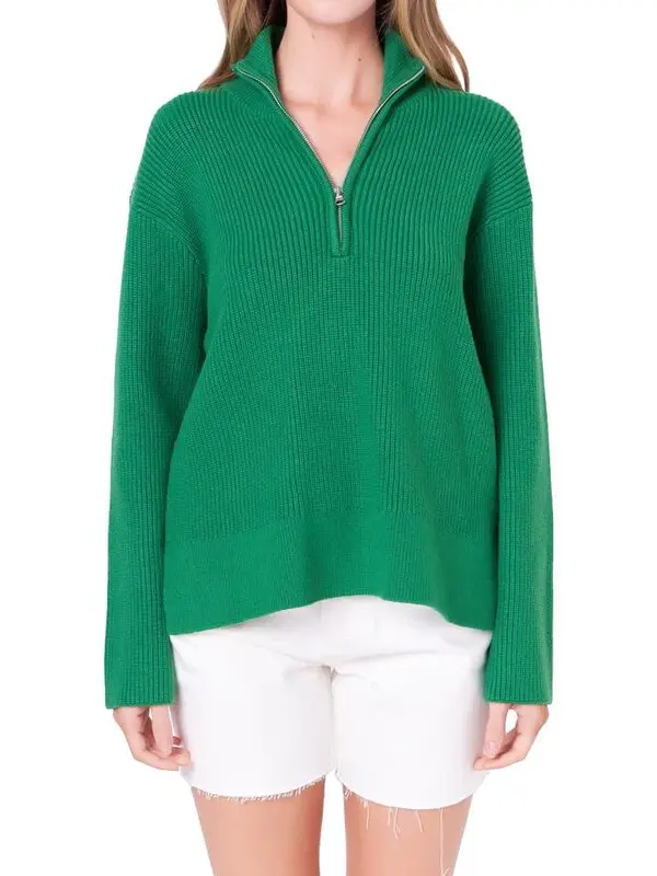 English Factory Half Zip Ribbed Pullover Sweater - Green