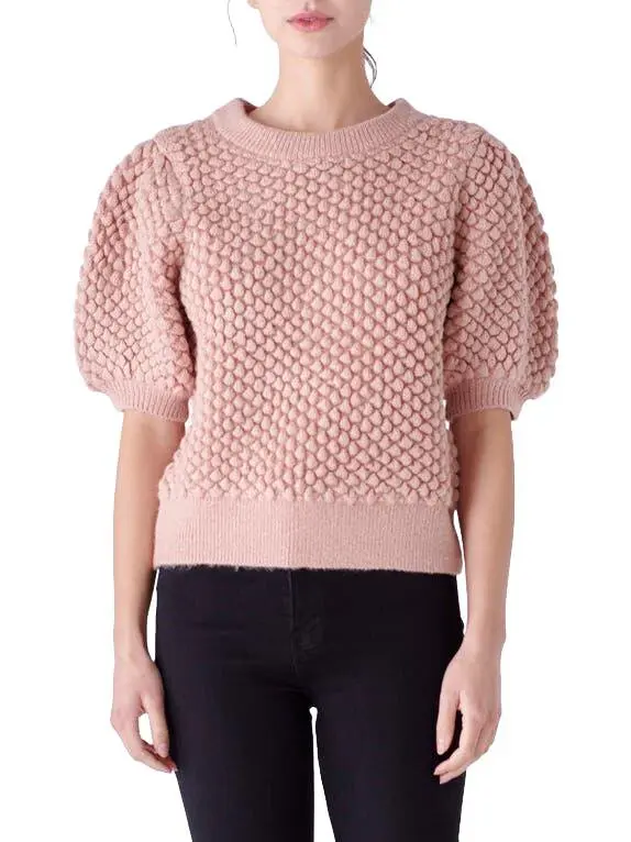 English Factory Popcorn Stitch Puff Sleeve Sweater - Dusty Pink