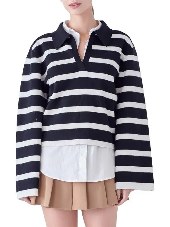 English Factory Stripe Crop Polo Sweater - Black/white