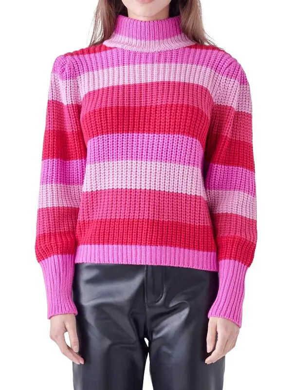 English Factory Stripe Turtleneck Sweater - Pink Multi