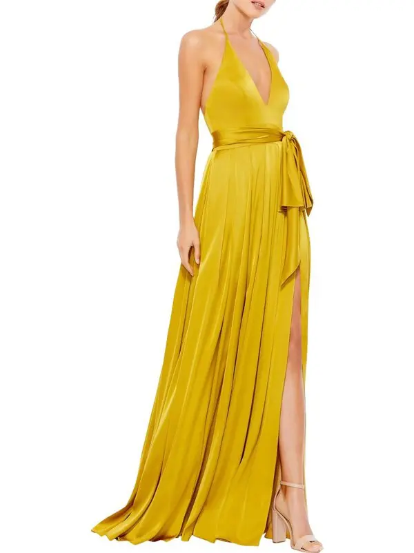 Mac Duggal Ieena Pleated Satin Tie-waist Gown - Chartreuse