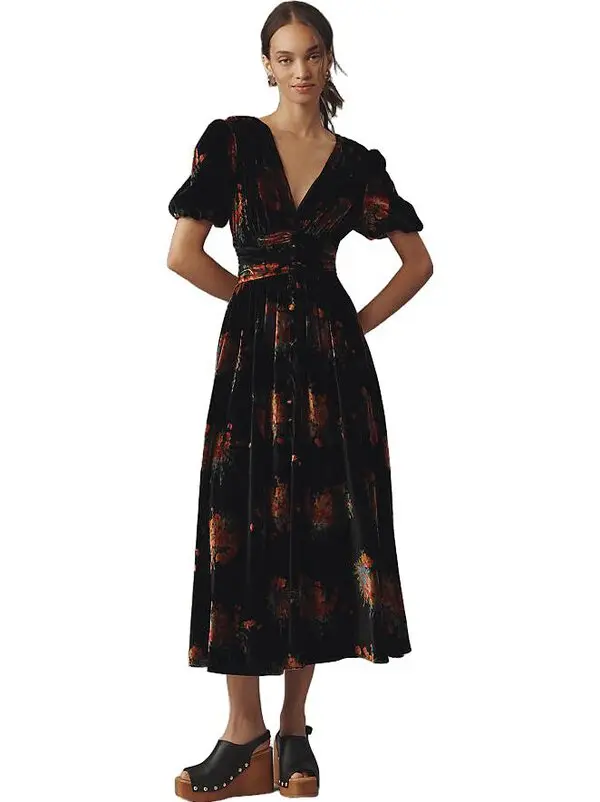 Anthropologie Velvet Button-front Dress - Black Floral