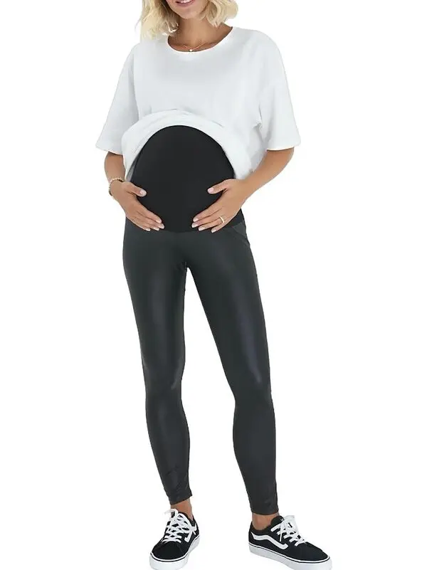 ACCOUCHEE Subtle Foldover Waistband Faux Leather Maternity Leggings - Black