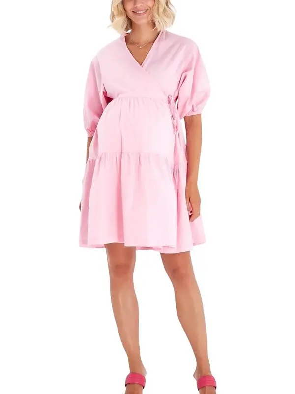 ACCOUCHEE Waterfall Tie Waist A-line Maternity/nursing Wrap Dress - Pink