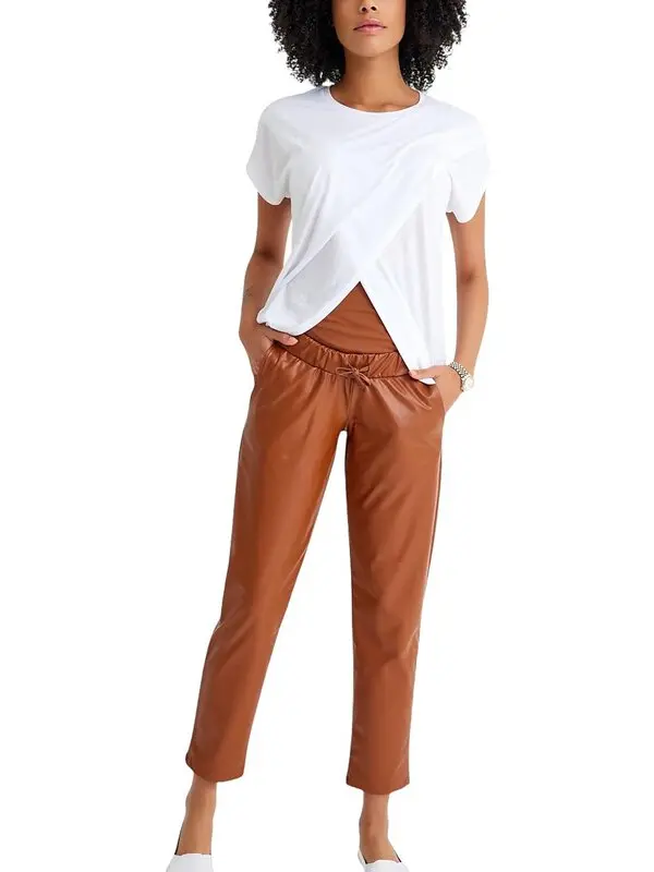 ACCOUCHEE Faux Leather Maternity Jogger Pants - Toffee