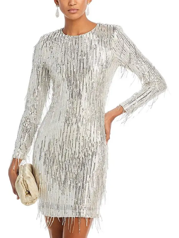 Eliza J Sequin Fringe Long Sleeve Cocktail Dress - Silver