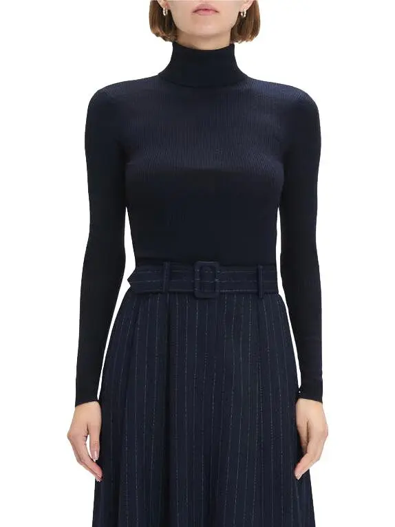 FAVORITE DAUGHTER Amelia Rib Merino Wool Turtleneck Top - Navy