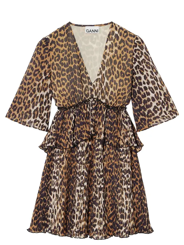 GANNI Net Sustain Pleated Leopard-print Recycled-georgette Mini Dress - Animal Print