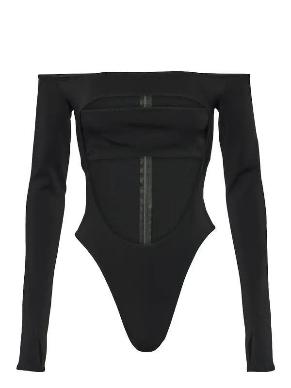 MUGLER Circle Off-shoulder Cutout Bodysuit - Black