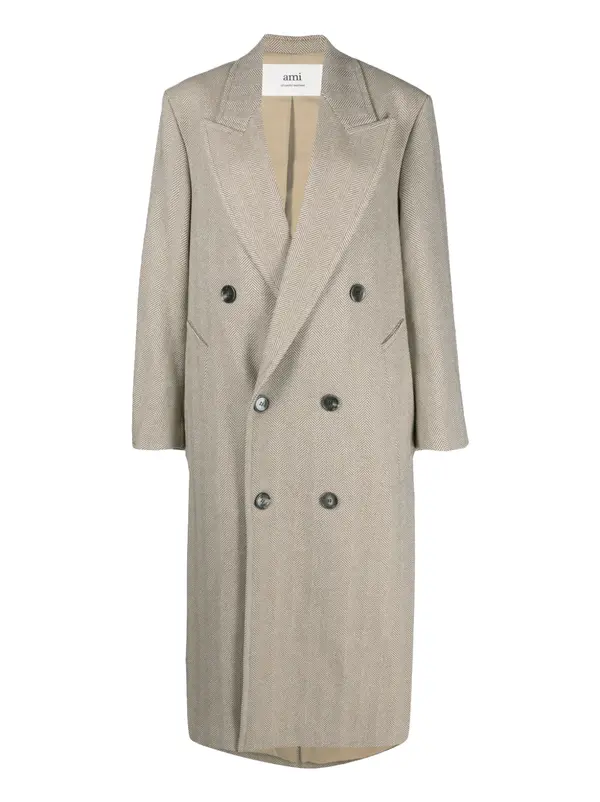 Ami Double-breasted Herringbone Coat - Neutrals
