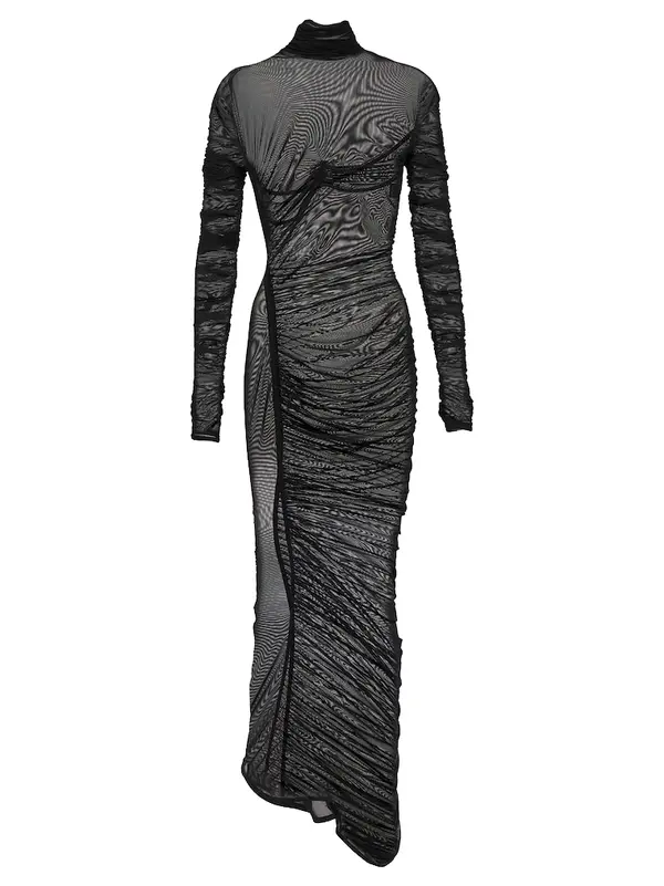 MUGLER Ruched Sheer Maxi Dress - Black