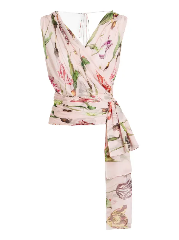 Oscar De La Renta Wrap-effect Floral-print Silk-chiffon Top - Baby Pink