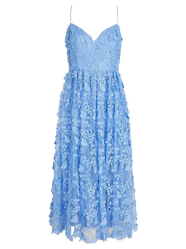 Monique Lhuillier Gathered Guipure Lace Midi Dress - Light Blue