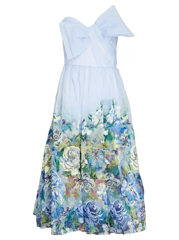 Marchesa Strapless Floral-print Organza Midi Dress With Bow - Light Blue