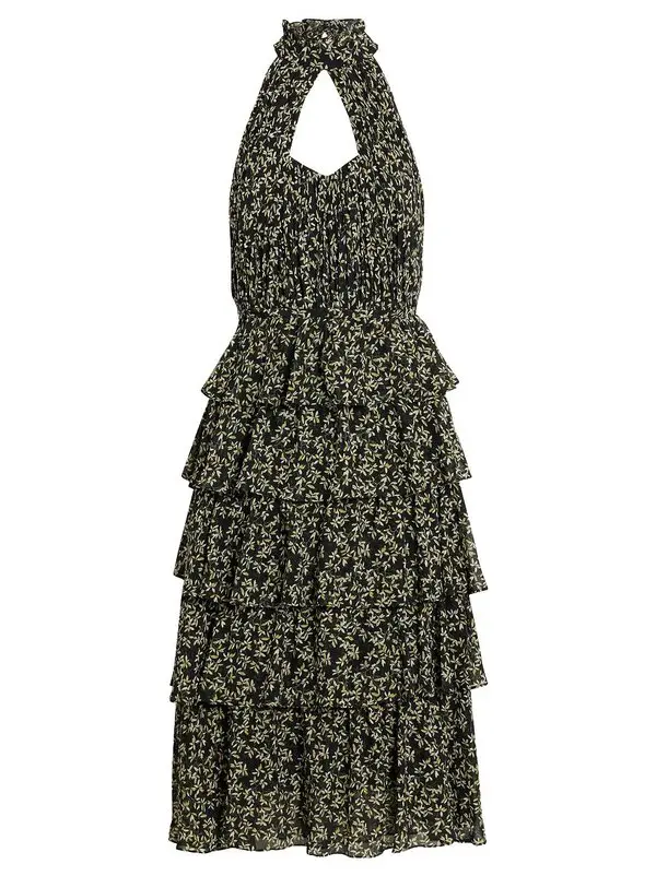 MIKAEL AGHAL Cutout Tiered Printed Midi Dress - Black