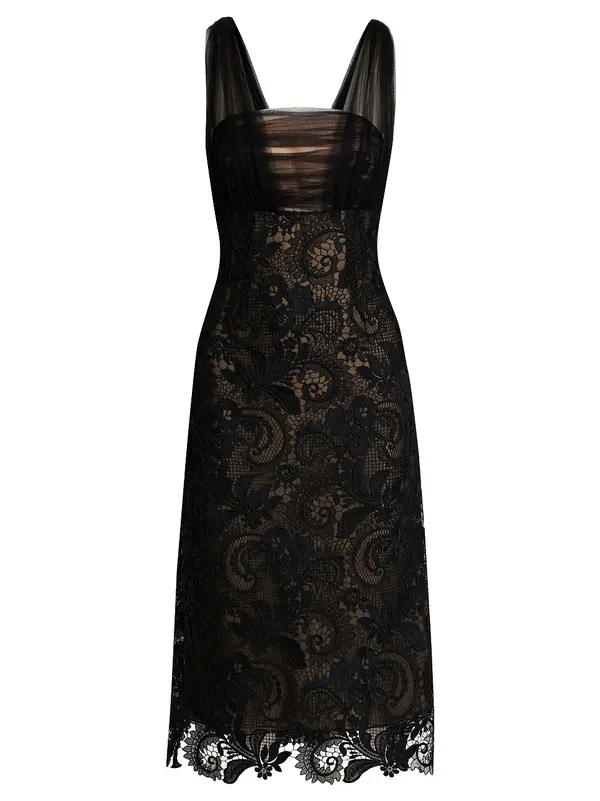 Oscar De La Renta Tulle-paneled Corded Lace Midi Dress - Black
