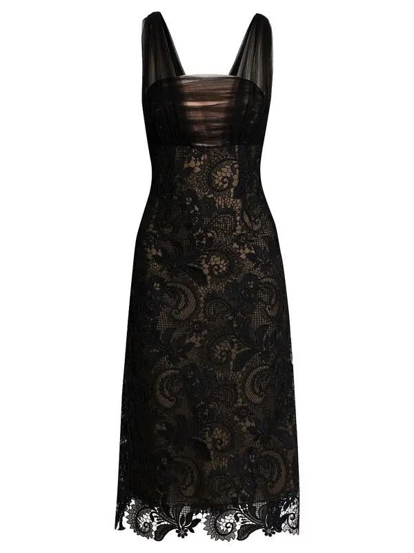 Oscar De La Renta Tulle-paneled Corded Lace Midi Dress - Black