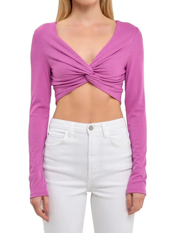 GREY LAB Front Twist Knit Crop Top - Grape