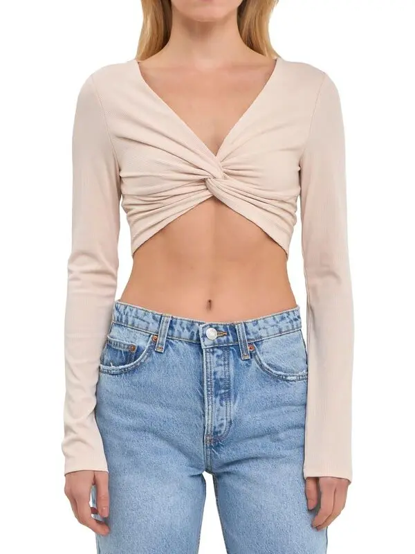 GREY LAB Front Twist Knit Crop Top - Ivory