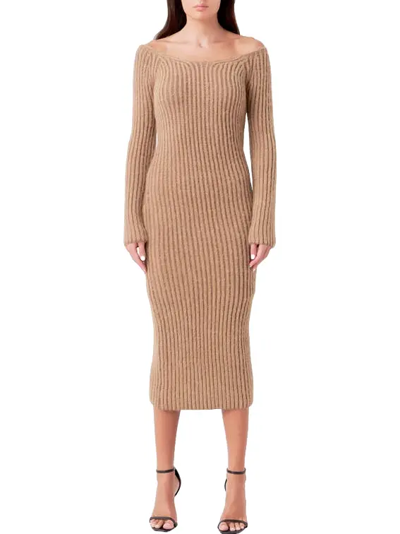 Endless Rose Long Sleeve Ribbed Sweater Midi Dress - Camel