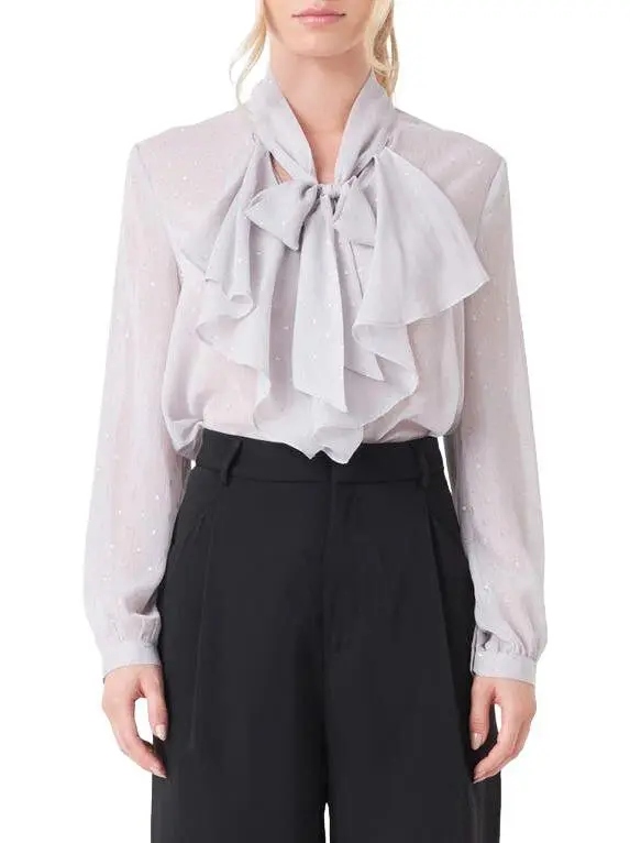 Endless Rose Tie Neck Clip Dot Chiffon Top - Silver