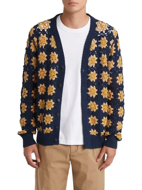 CORRIDOR Floral Crochet Cotton Cardigan - Navy