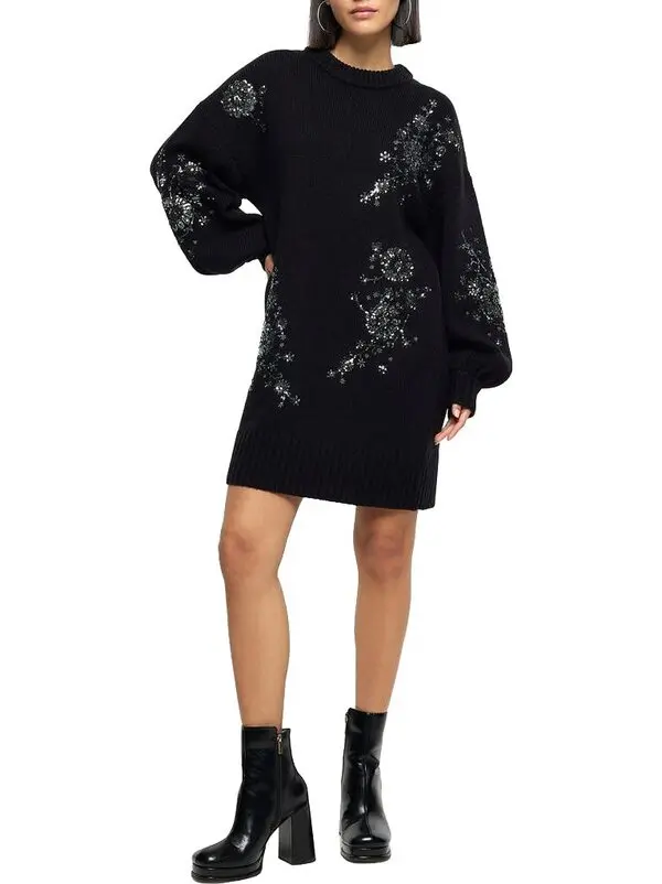 RIVER ISLAND Jessie Crystal Floral Embellished Long Sleeve Sweater Dress - Black