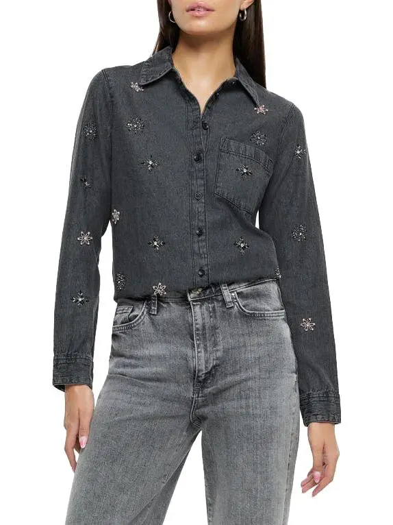 RIVER ISLAND Crystal Embellished Denim Shirt - Grey