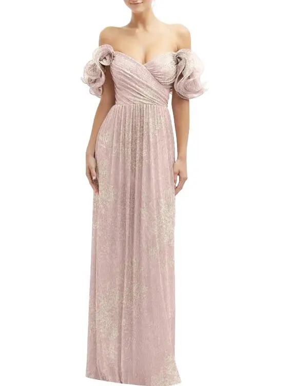 After Six Ruffle Off-the-shoulder Metallic Gown - Pink Gold