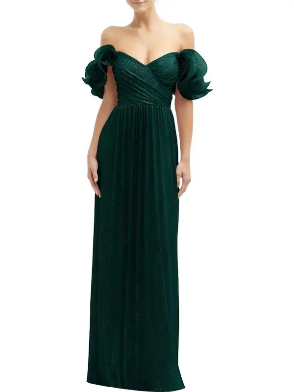 After Six Ruffle Off-the-shoulder Metallic Column Gown - Evergreen Metallic