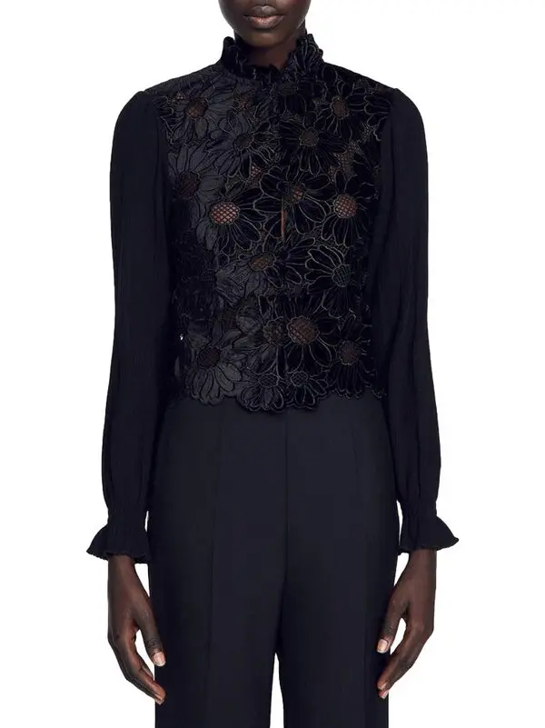 Sandro Floral Lace Mock Neck Top - Black