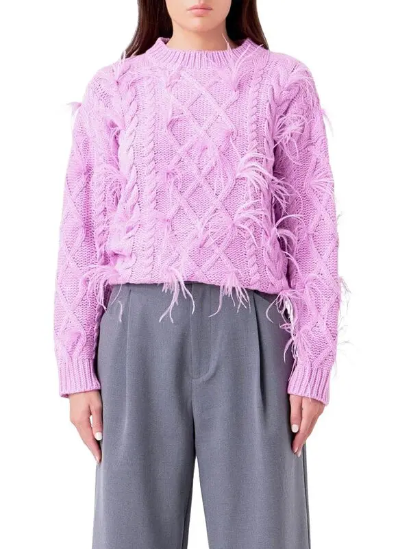 Endless Rose Feather Trim Cable Knit Sweater - Lilac