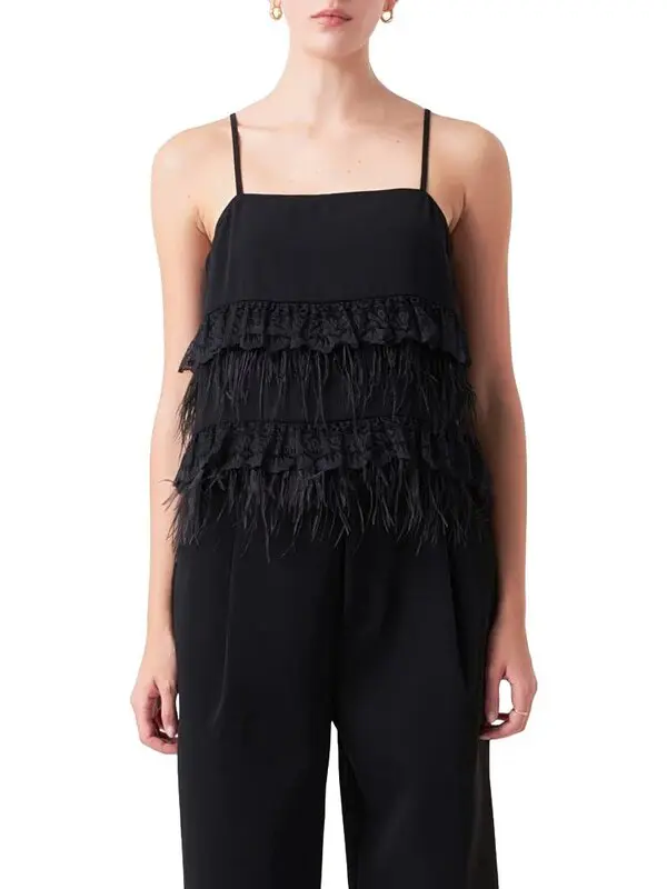 Endless Rose Lace Feather Trim Camisole - Black
