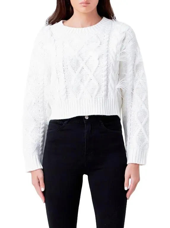 Endless Rose Feather Trim Cable-stitched Crop Sweater - Cream