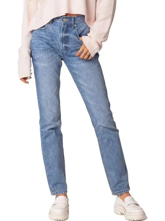 EDIKTED High Waist Straight Leg Jeans - Blue-washed