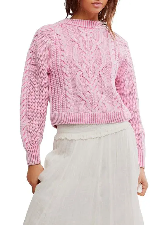 Free People Frankie Cable Cotton Sweater - Aurora Pink
