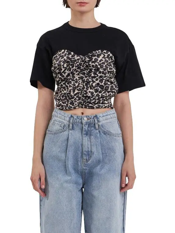GREY LAB Leopard Smocked Crop T-shirt - Black Multi