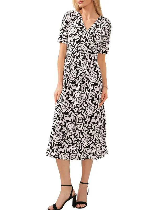 Chaus Print Faux Wrap Midi Dress - Black/white