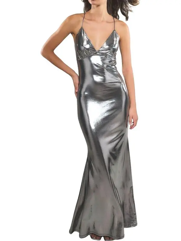 RARE LONDON Metallic Mermaid Gown - Silver