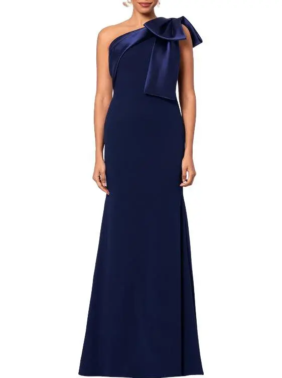 Betsy & Adam Bow One-shoulder Crepe Mermaid Gown - Navy